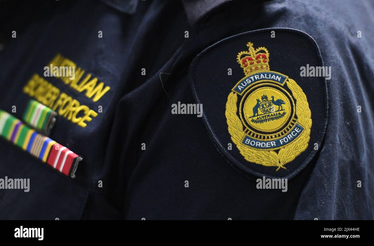 An Australian Border Force emblem is seen on a uniform during a press ...