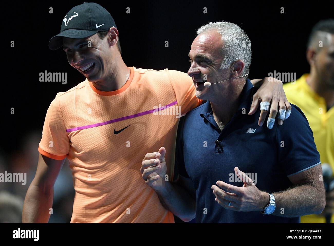Rafael Nadal, (left), embraces World team captain Wally Masur during ...