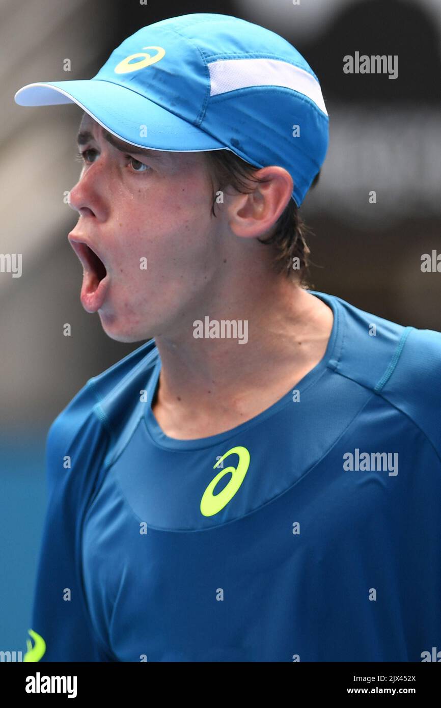 Alex de Minaur of Australia reacts during his win over Benoit Paire of ...