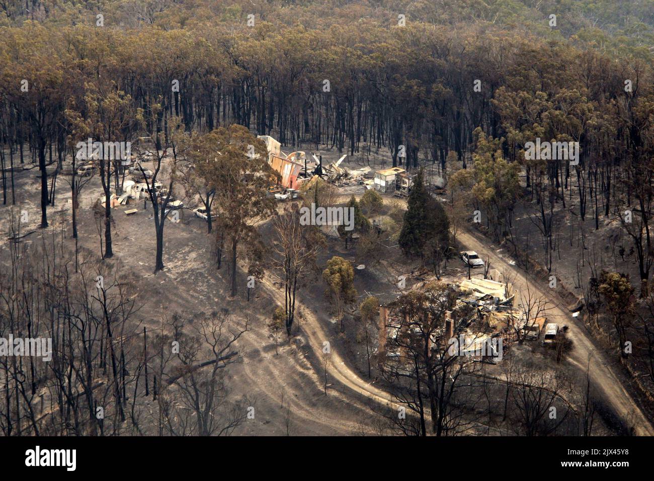 An aerial view of property destroyed by bushfires near Kinglake, north ...
