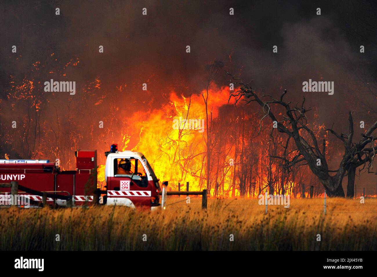 Fire fighters battle bushfires burning at the Bunyip State Forest near ...