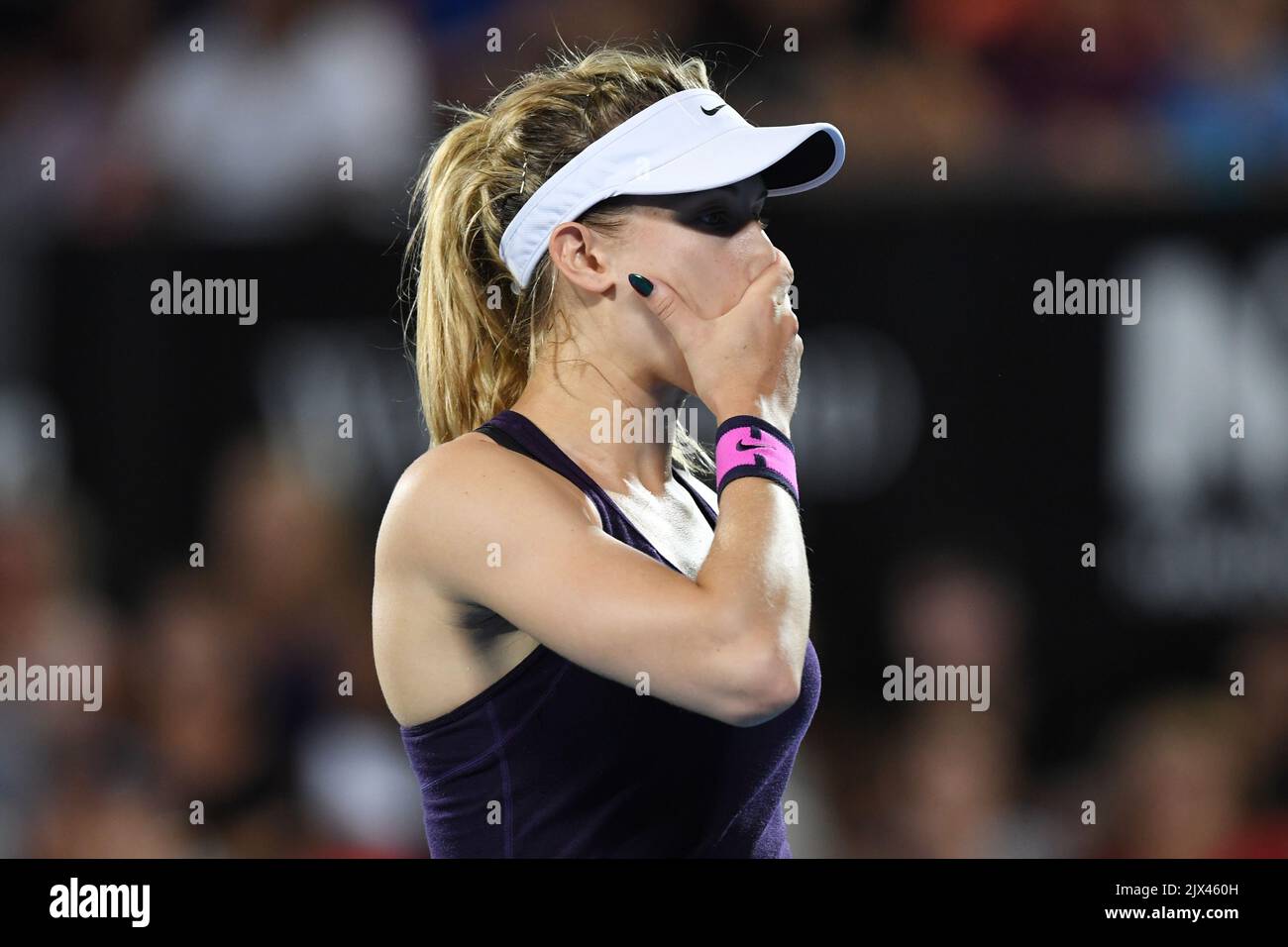 Eugenie Bouchard of Canada reacts to loosing a point to Johanna Konta ...