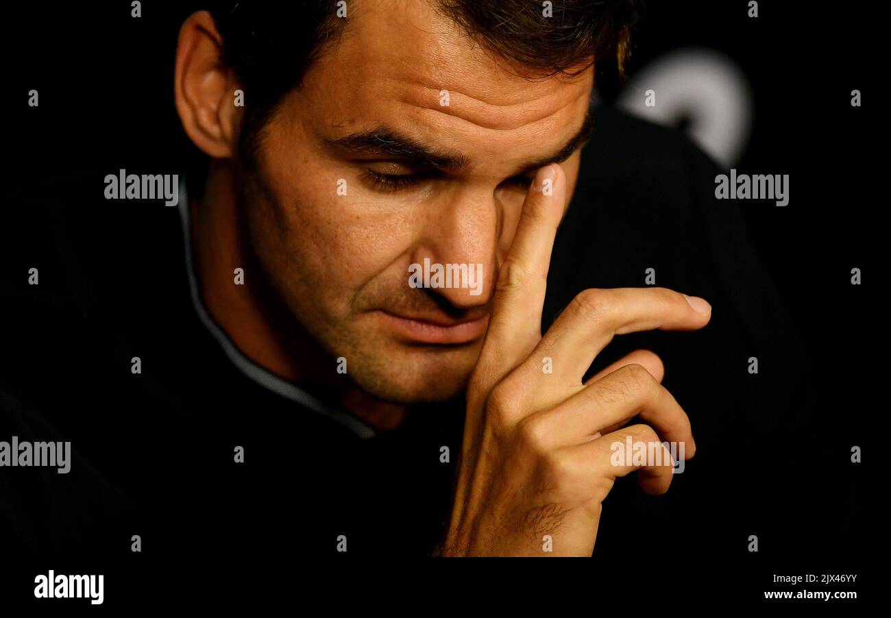 Roger Federer of Switzerland during a press conference at the ...