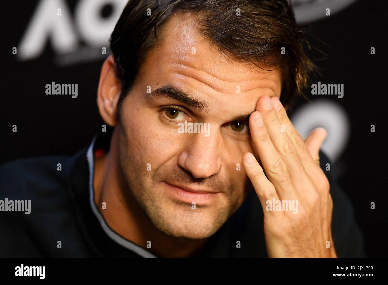 Roger Federer of Switzerland during a press conference at the ...