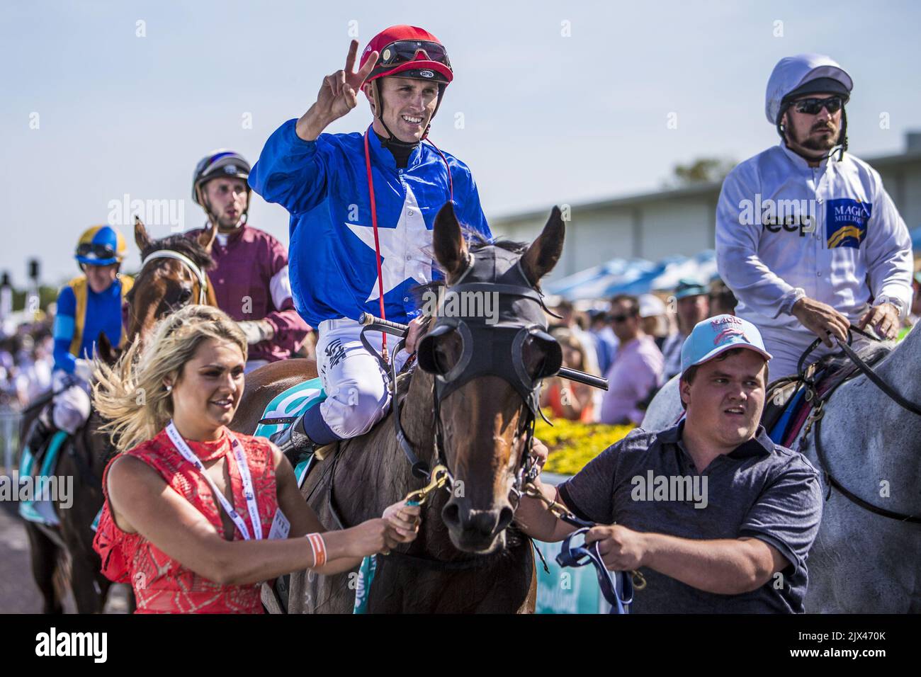 Jockey Tye Angland riding Flying Jess wins the 3YO Guineas at the Magic ...