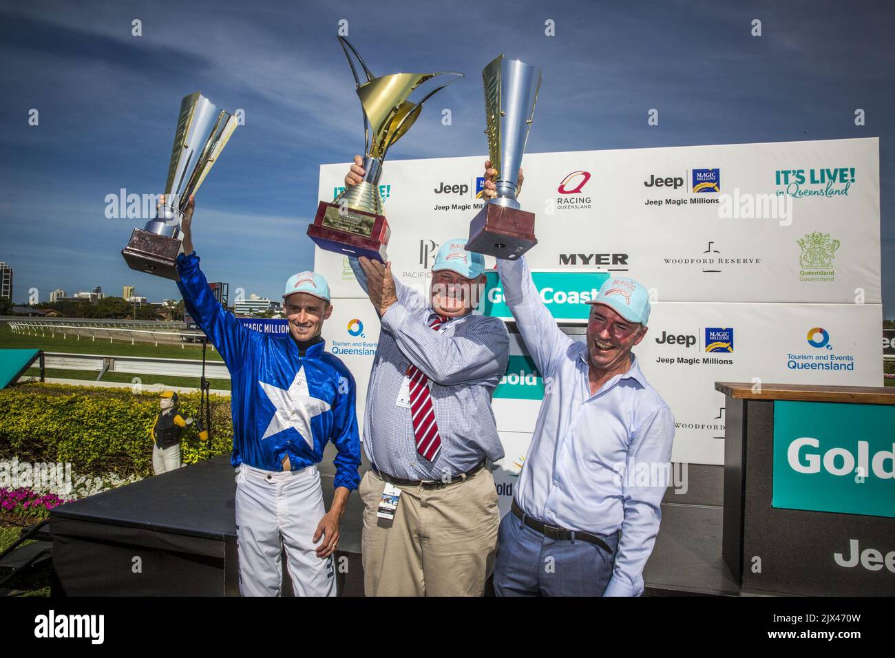 Jockey Tye Angland, Owner Joe Moloney and trainer Joe O'Neil celebrate ...