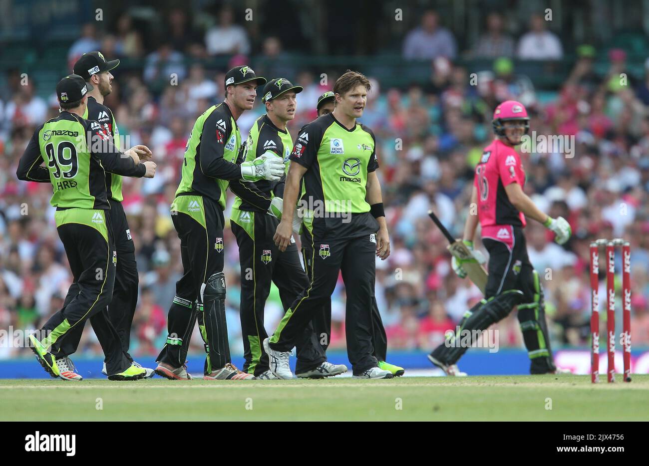 Daniel Hughes of the Sixers is bowled by Shane Watson of the Thunder ...