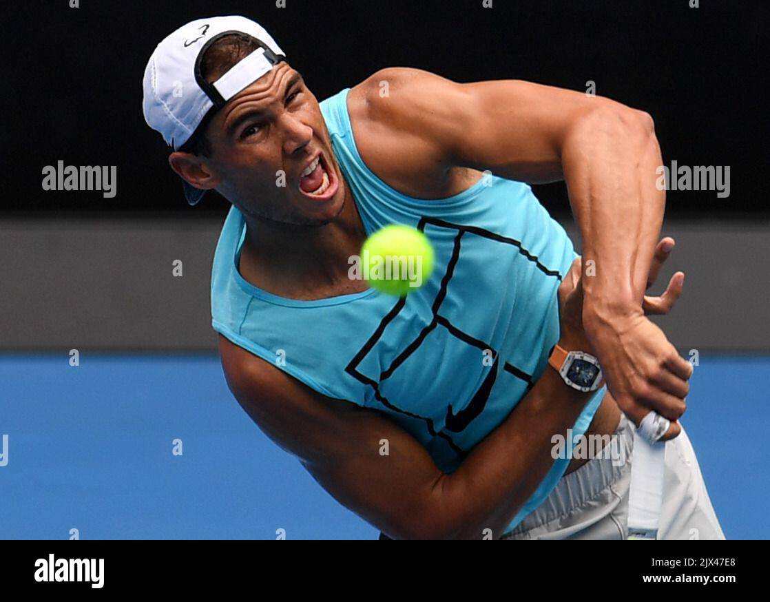 Rafael Nadal of Spain on court during a practice session at the ...