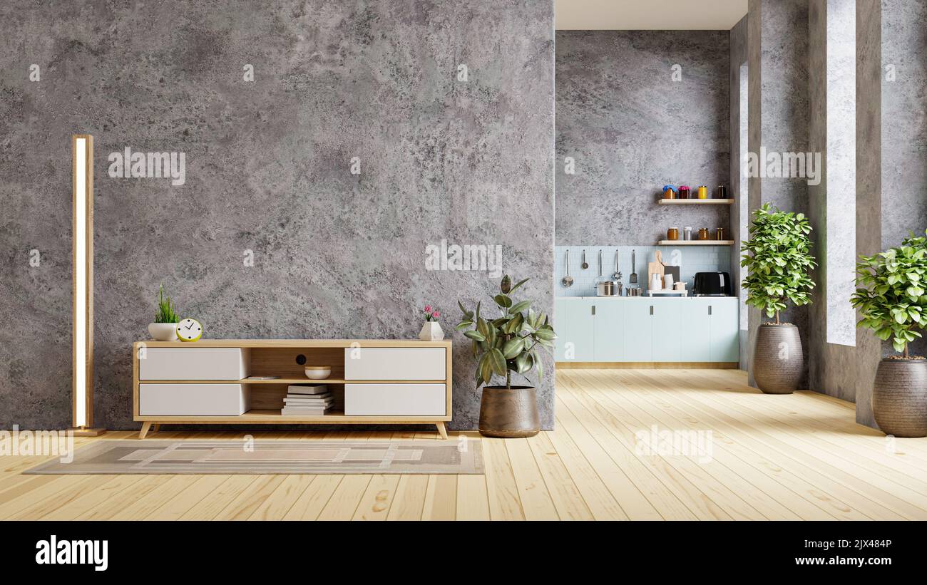 Concrete room interior in warm tones with cabinet for tv which is front ...
