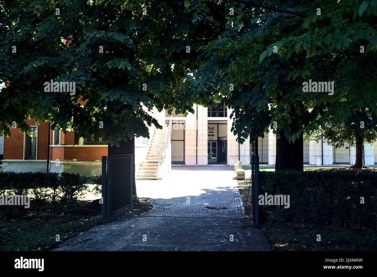 Facade and entrance of a modern building framed by trees and a hedge ...