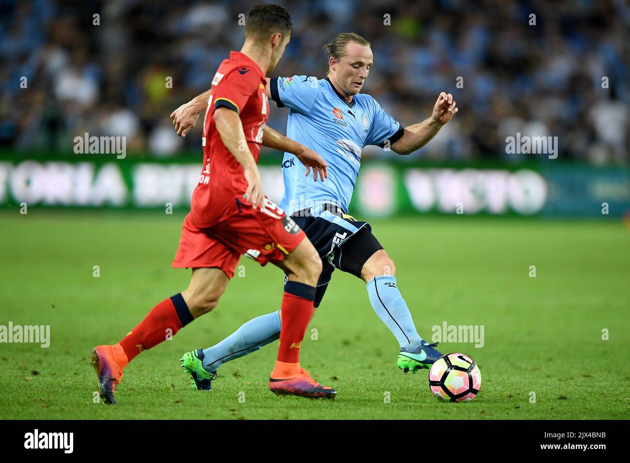 Rhyan Grant of Sydney competes for possession with Ben Garuccio of ...