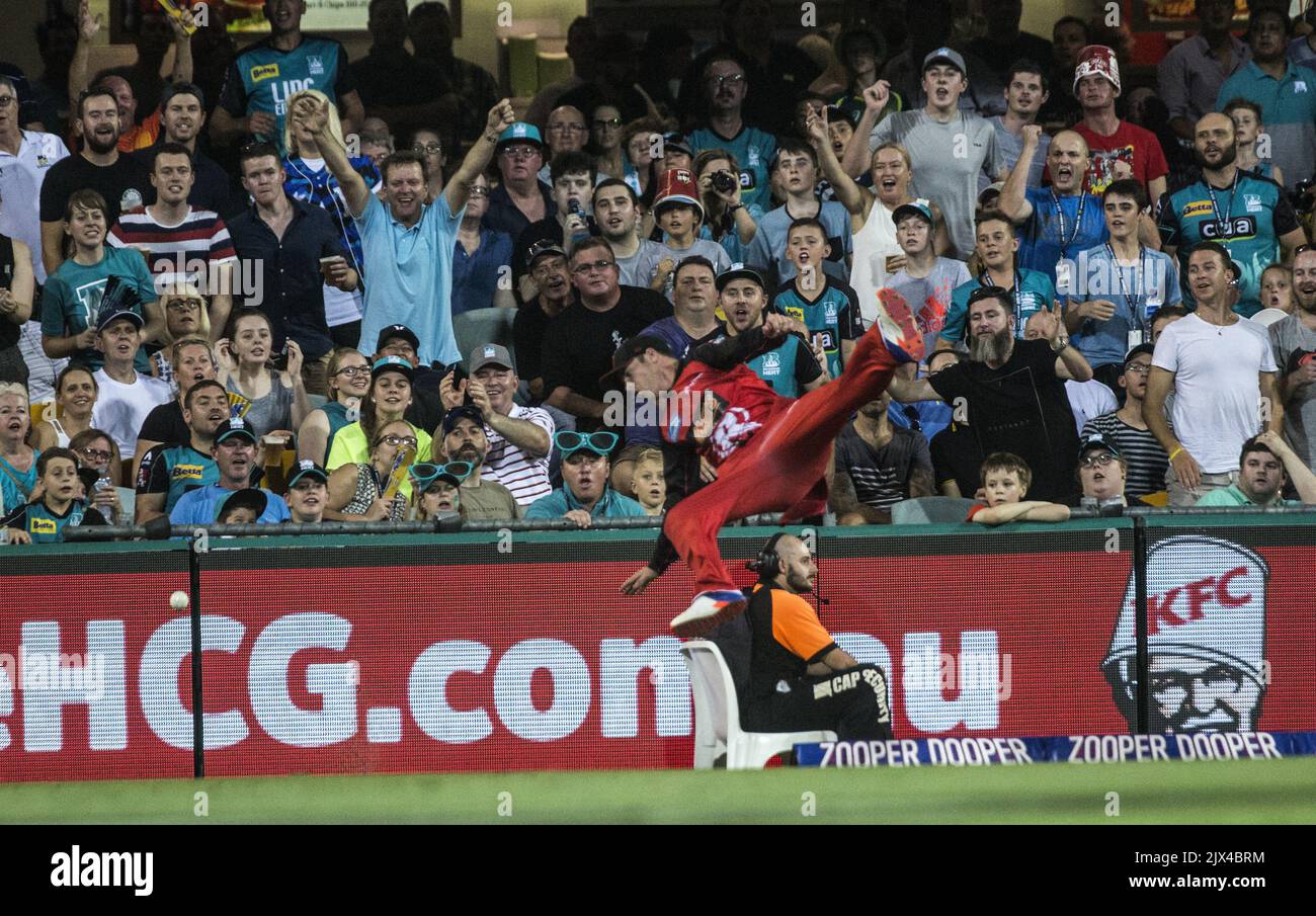 Marcus Harris misses a catch from a ball hit for 6 by Brendon McCullum ...