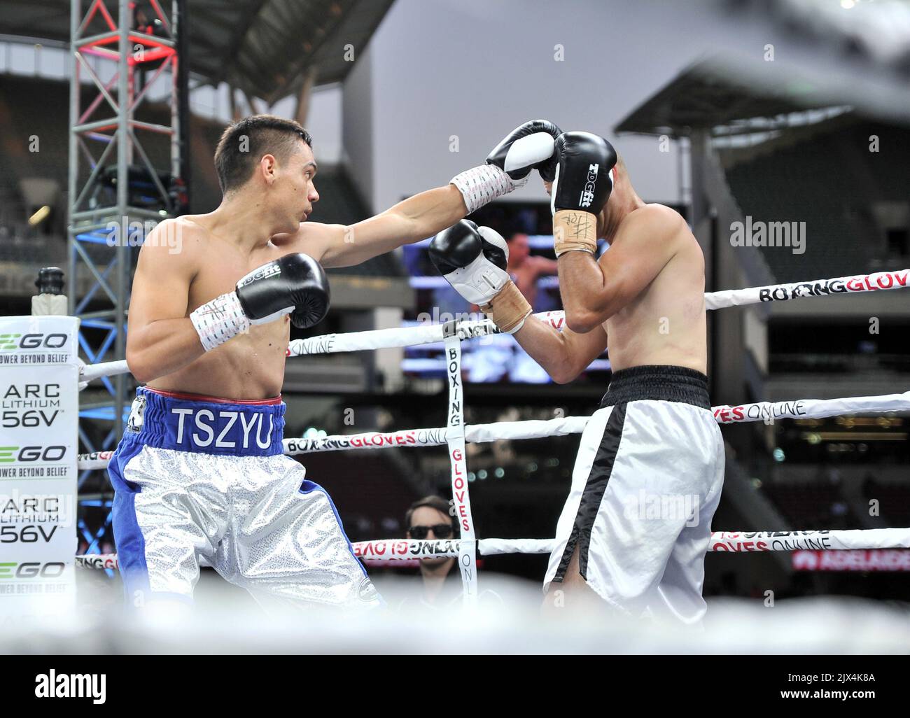 Australian boxers Tim Tszyu (left) and Mark Dalby fight during the ...