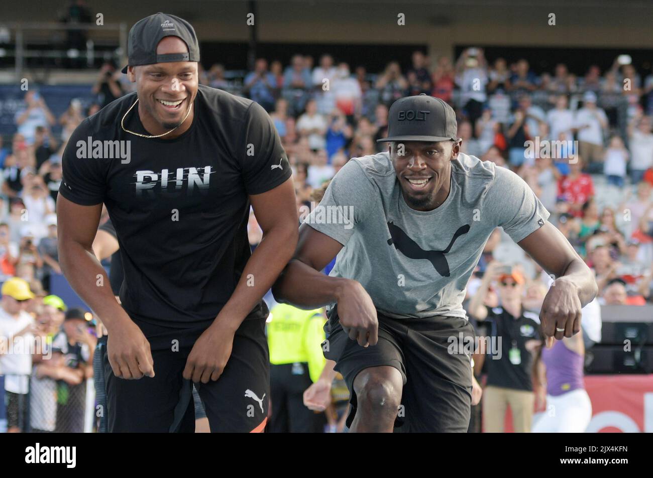 Jamaican sprinters Usain Bolt (centre) and Asafa Powell (left) run onto ...