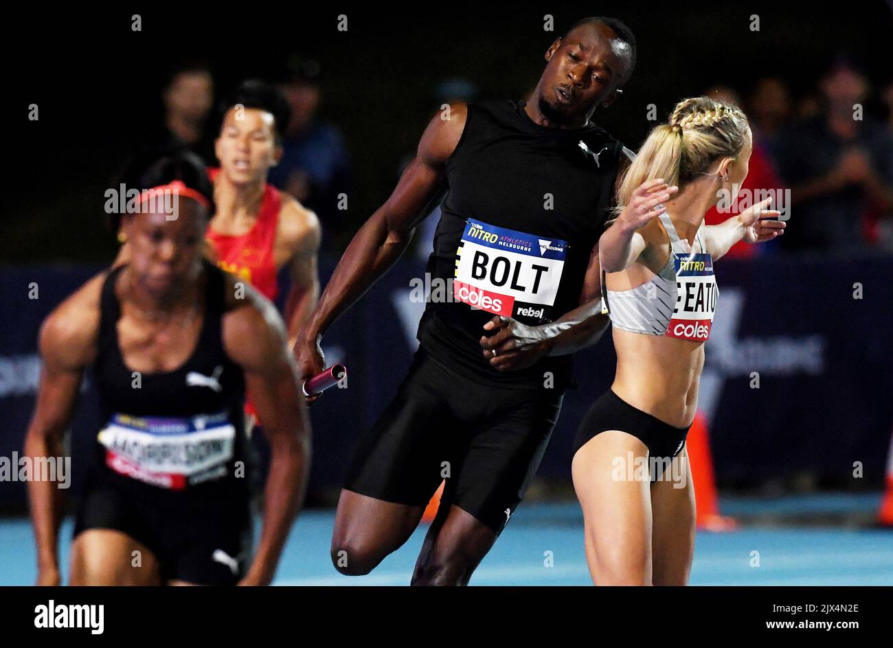 Jamaican sprinter Usain Bolt runs in the Mixed 4x100 Metre Relay at the ...