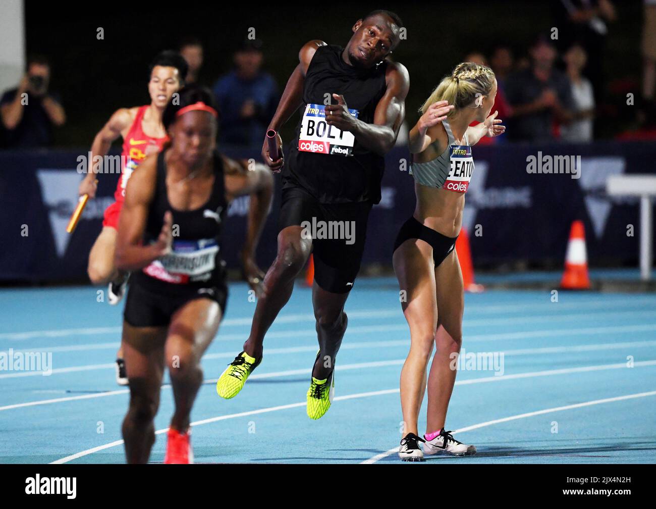 Jamaican sprinter Usain Bolt runs in the Mixed 4x100 Metre Relay at the ...