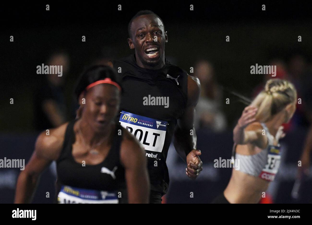 Jamaican sprinter Usain Bolt runs in the Mixed 4x100 Metre Relay at the ...
