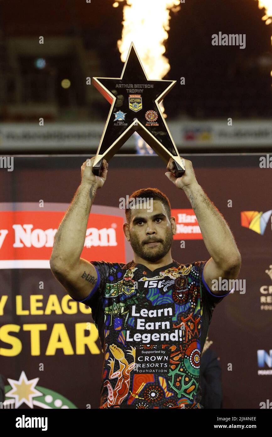Greg Inglis of the Indigenous All Stars with the Arthur Beetson trophy ...