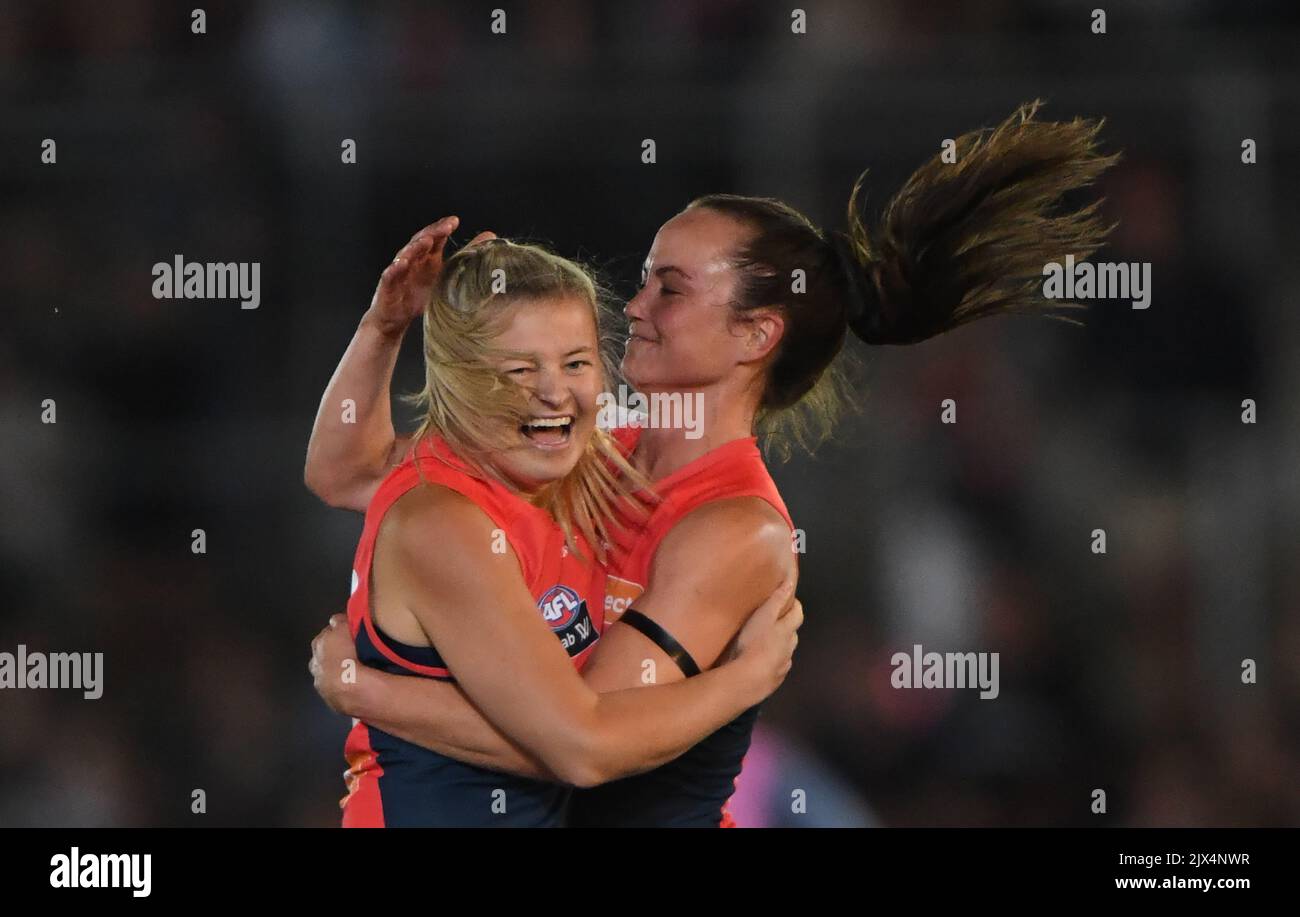 Sarah Jolly of Melbourne celebrates with Daisy Pearce during their AFLW ...