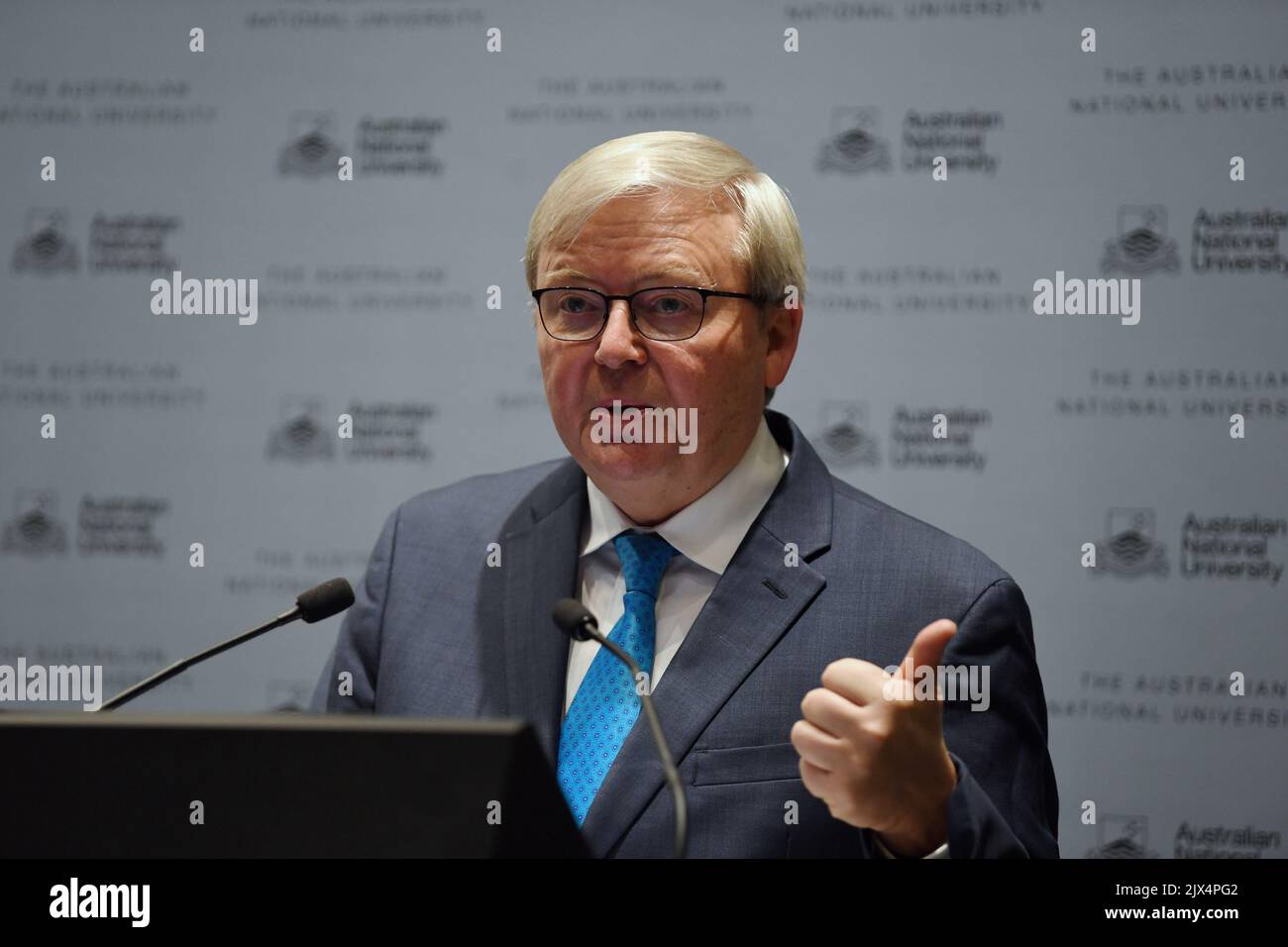 Australia's Former Prime Minister Kevin Rudd delivers a speech on the ...