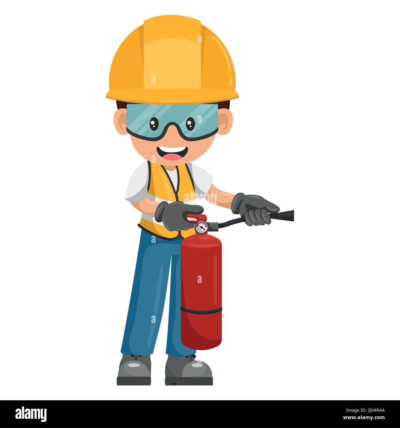 Industrial worker using a fire extinguisher with his personal protective equipment. Industrial ...