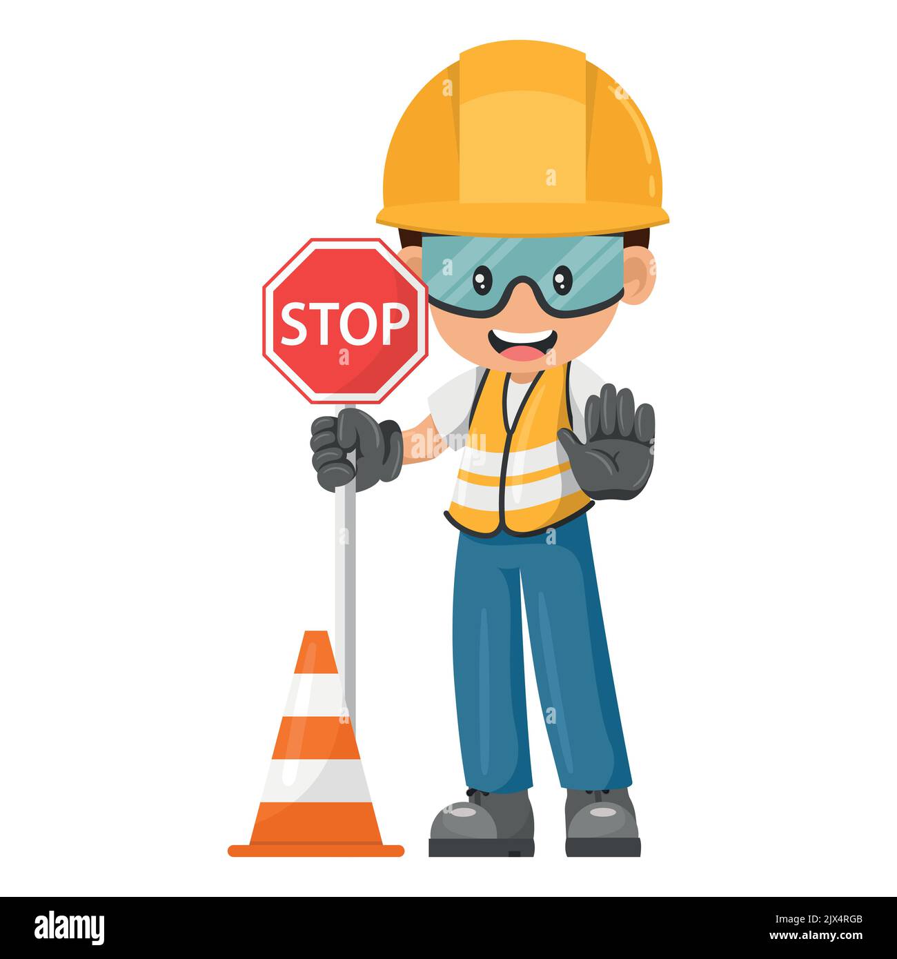 Industrial construction worker with a stop warning sign and safety cone ... Industrial construction worker with a stop warning sign and safety cone ...