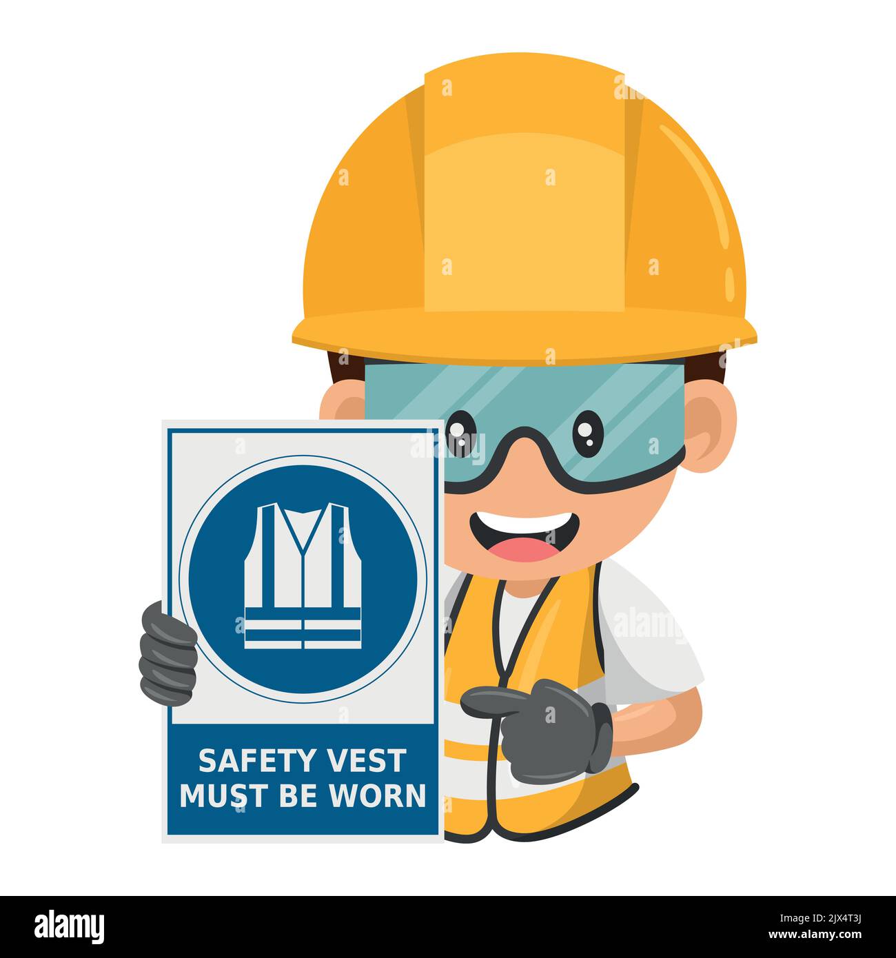 Construction industrial worker with warning sign of mandatory use of ...