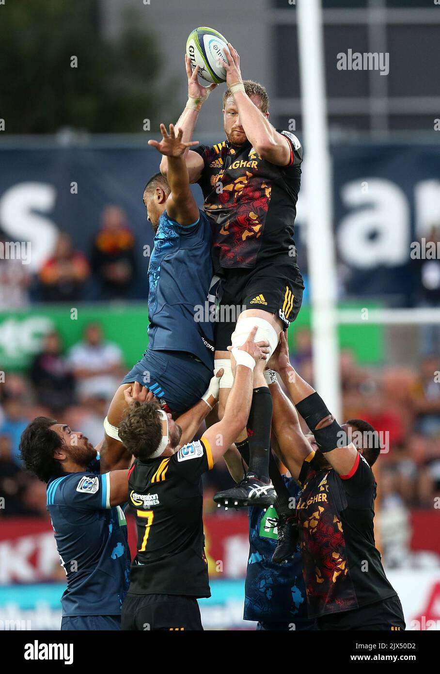 Dominic Bird of the Chiefs wins a lineout during the Round 2 Super ...