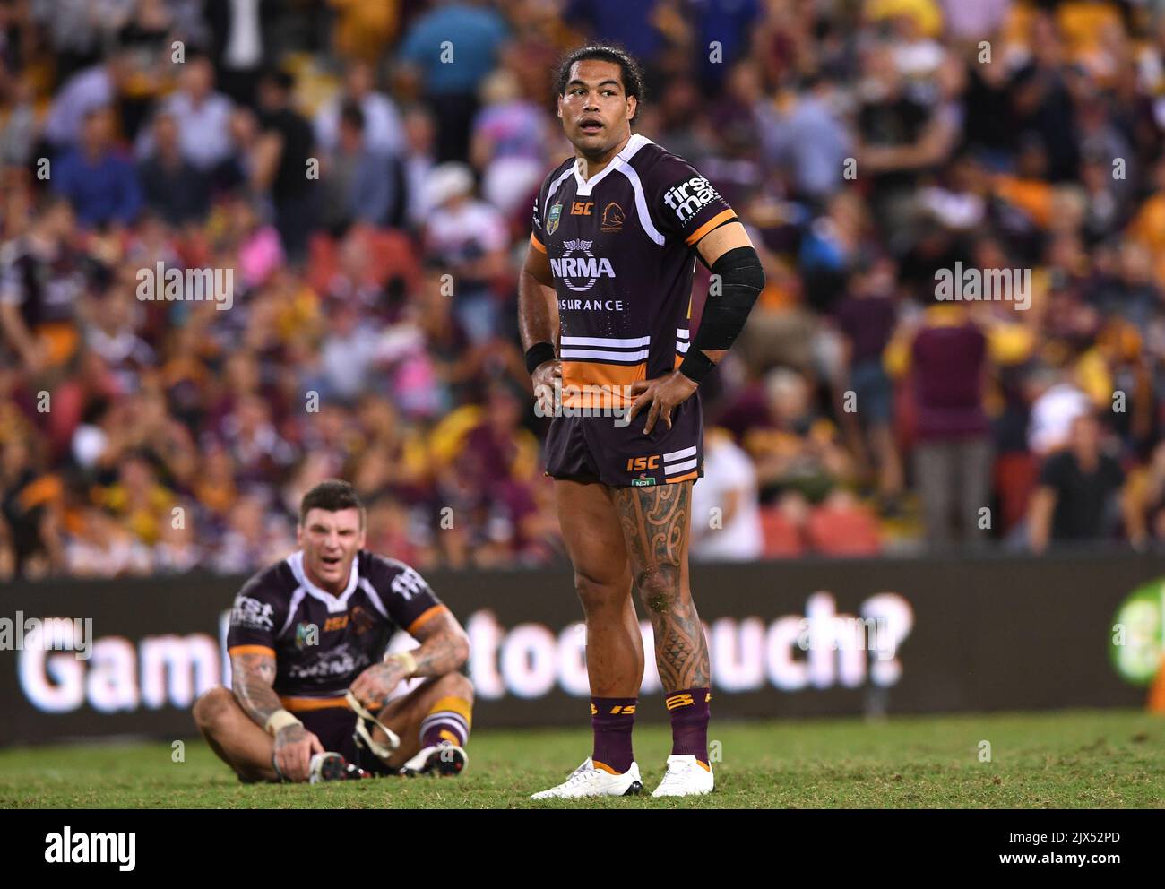 Adam Blair of the Broncos looks on following the Round 2 NRL match ...