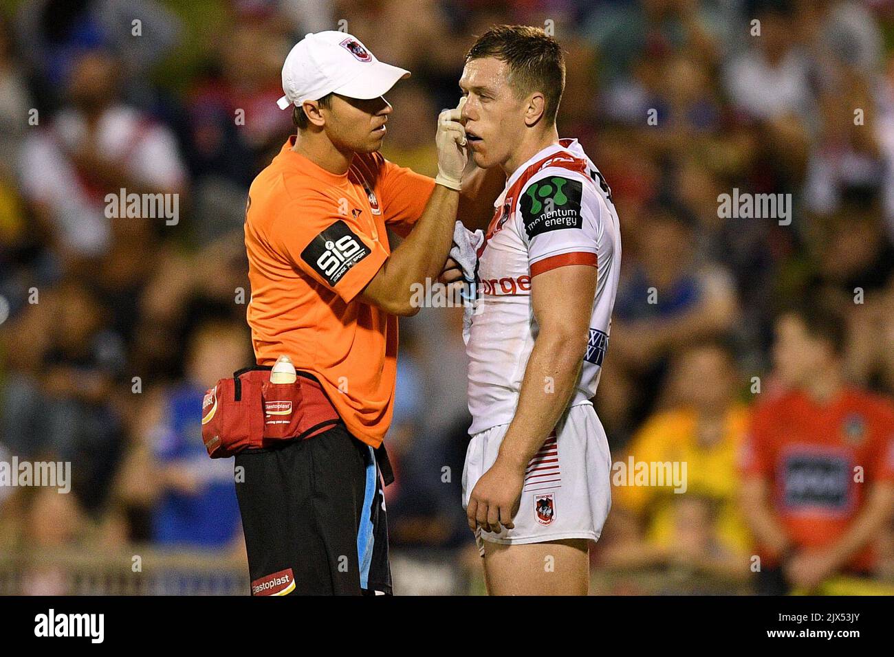 Cameron McInnes of the Dragons receives attention from a trainer after ...