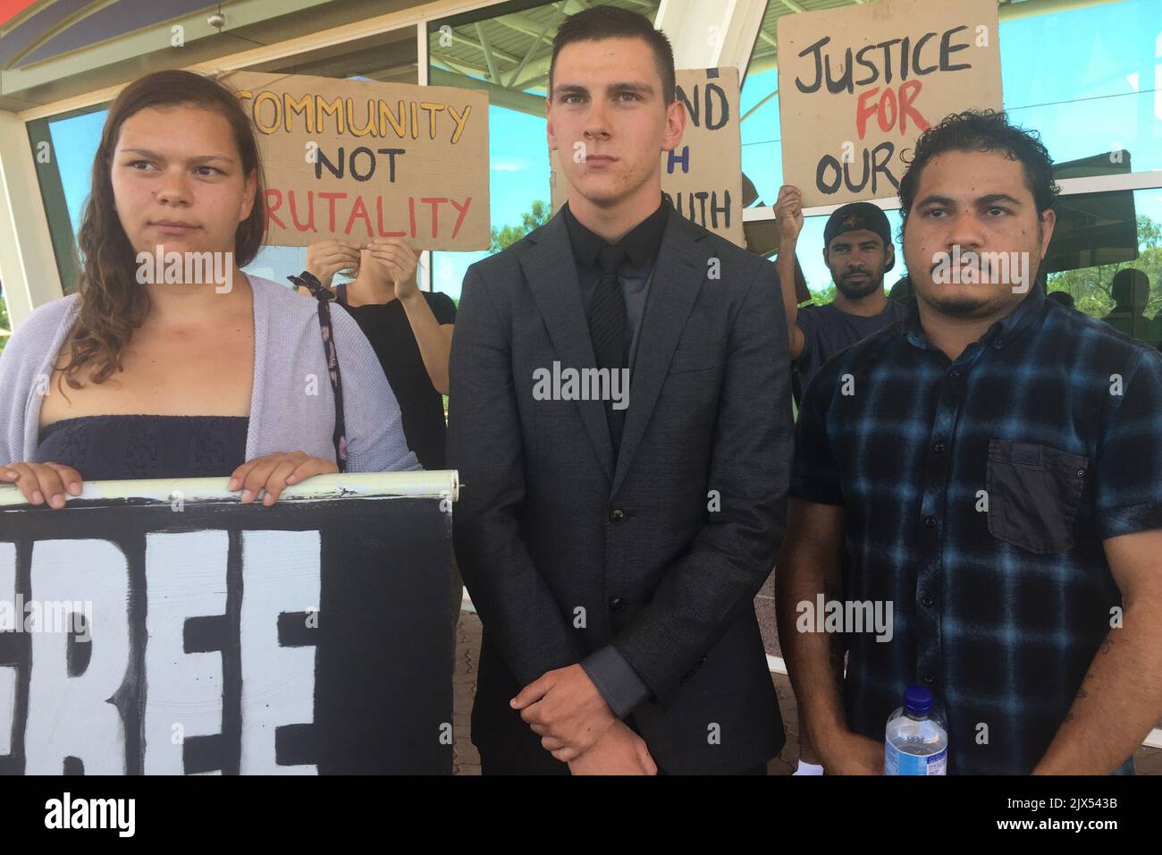 Former NT teen inmate Dylan Voller (centre) speaks outside the Northern ...