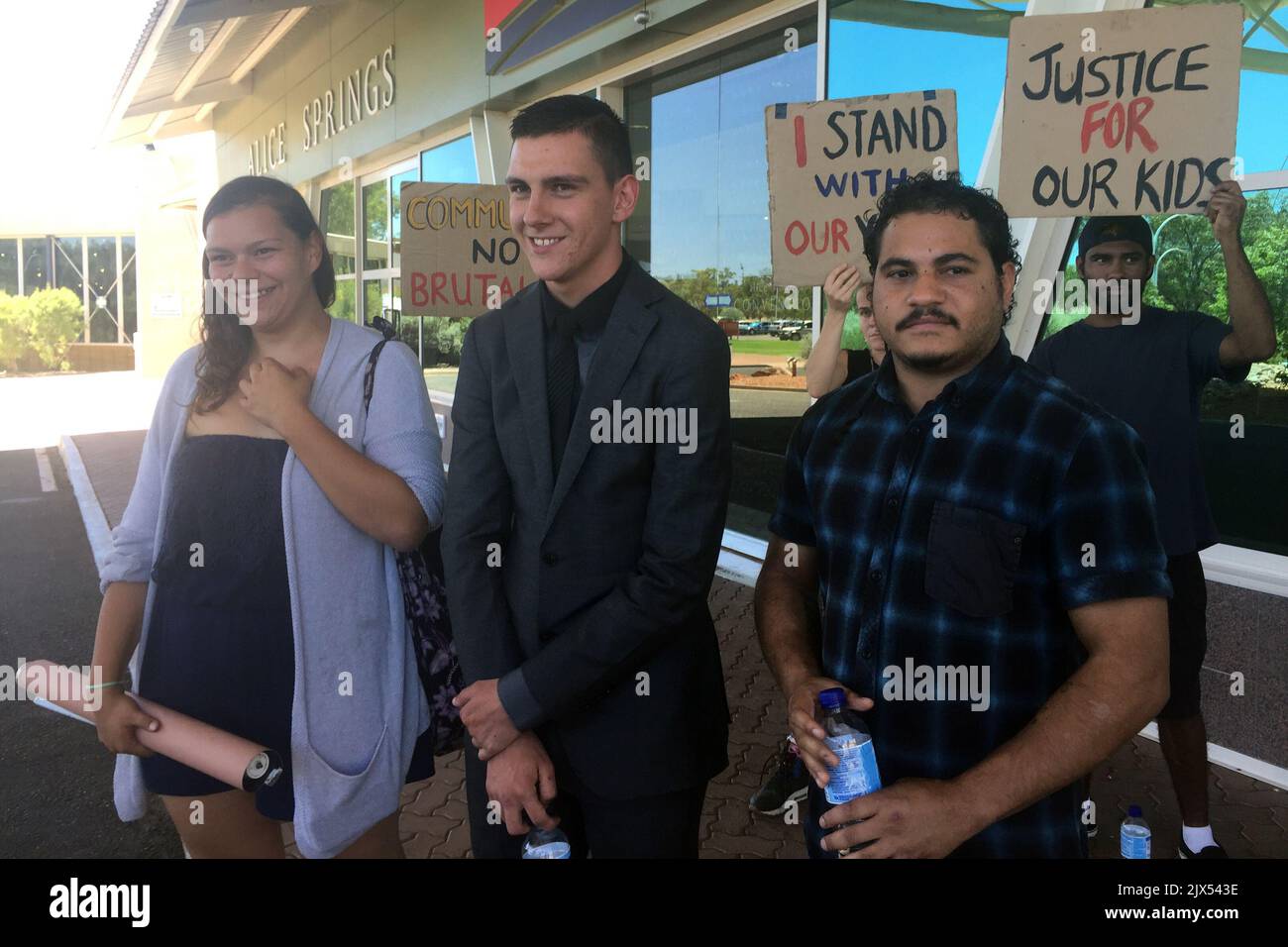 Former NT teen inmate Dylan Voller (centre) speaks outside the Northern ...