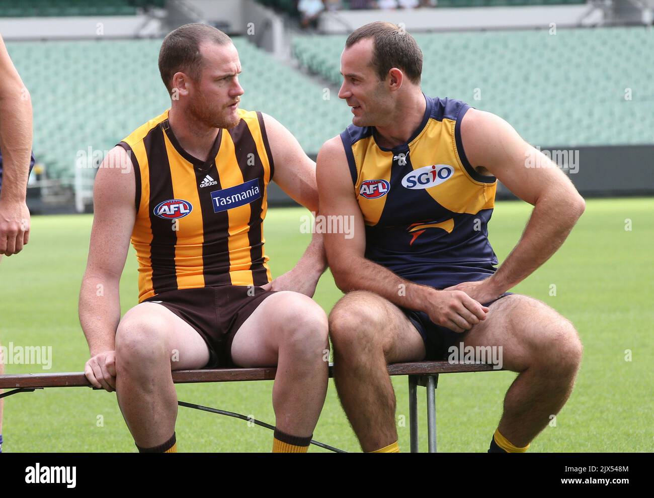 Hawthorn captain Jarryd Roughead talks with West Coast captain Shannon ...