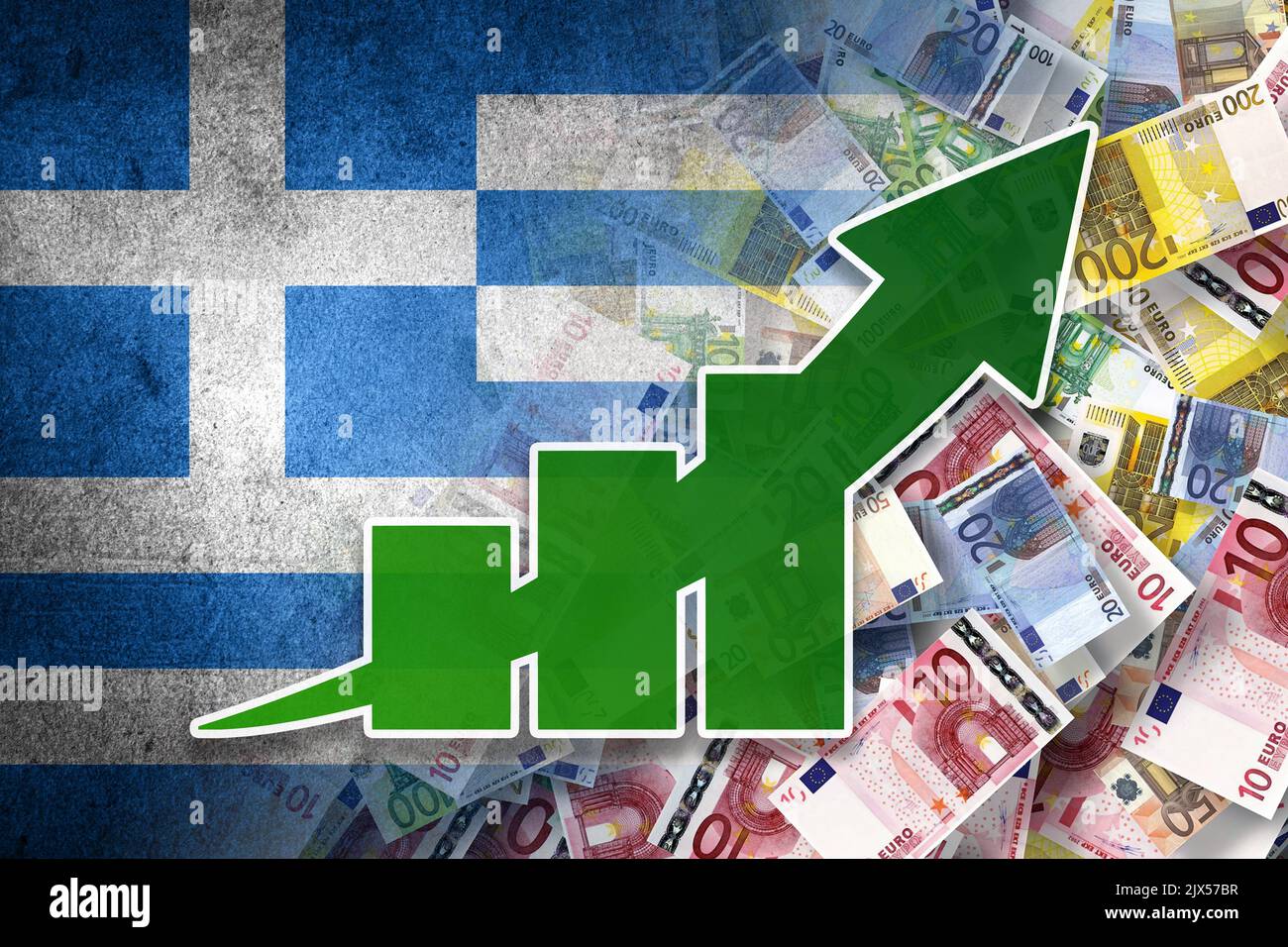 Economy graph: rising arrow, cash euro banknotes and Greece flag (money ...