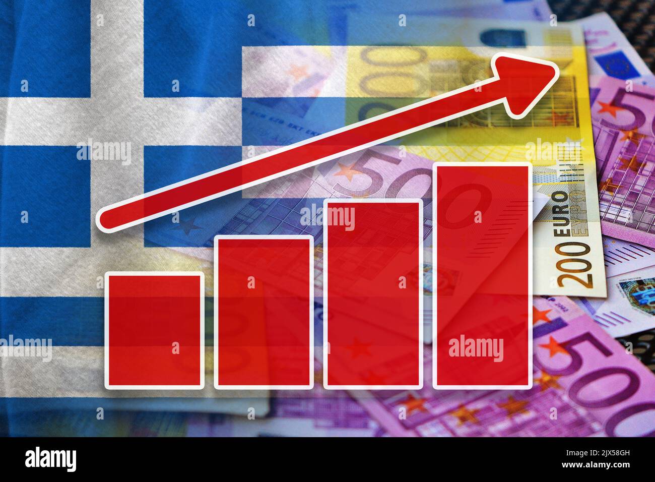 Economy graph: rising arrow, cash euro banknotes and Greece flag (money ...
