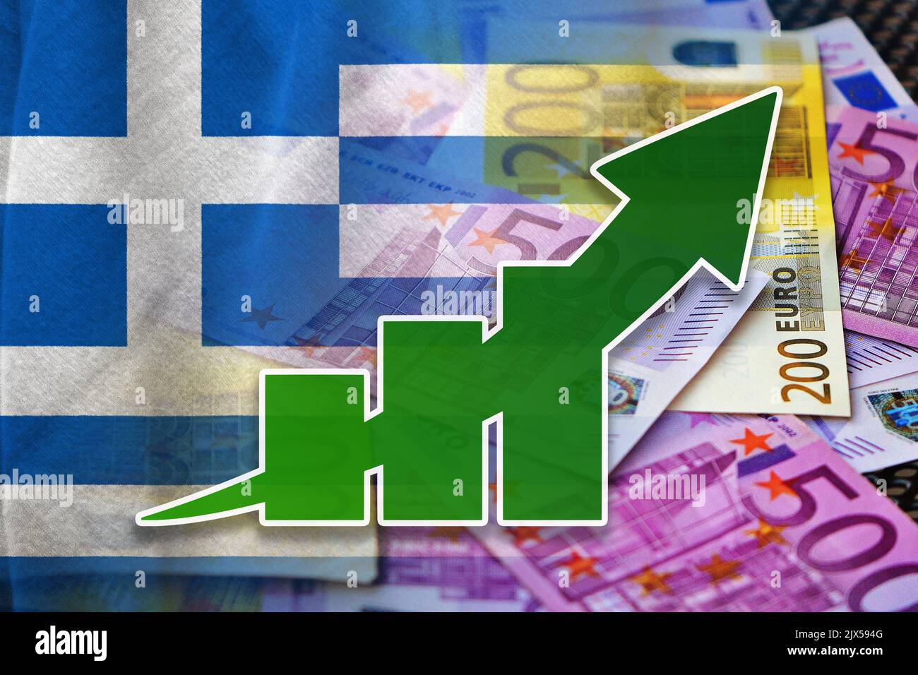 Economy graph: rising arrow, cash euro banknotes and Greece flag (money ...