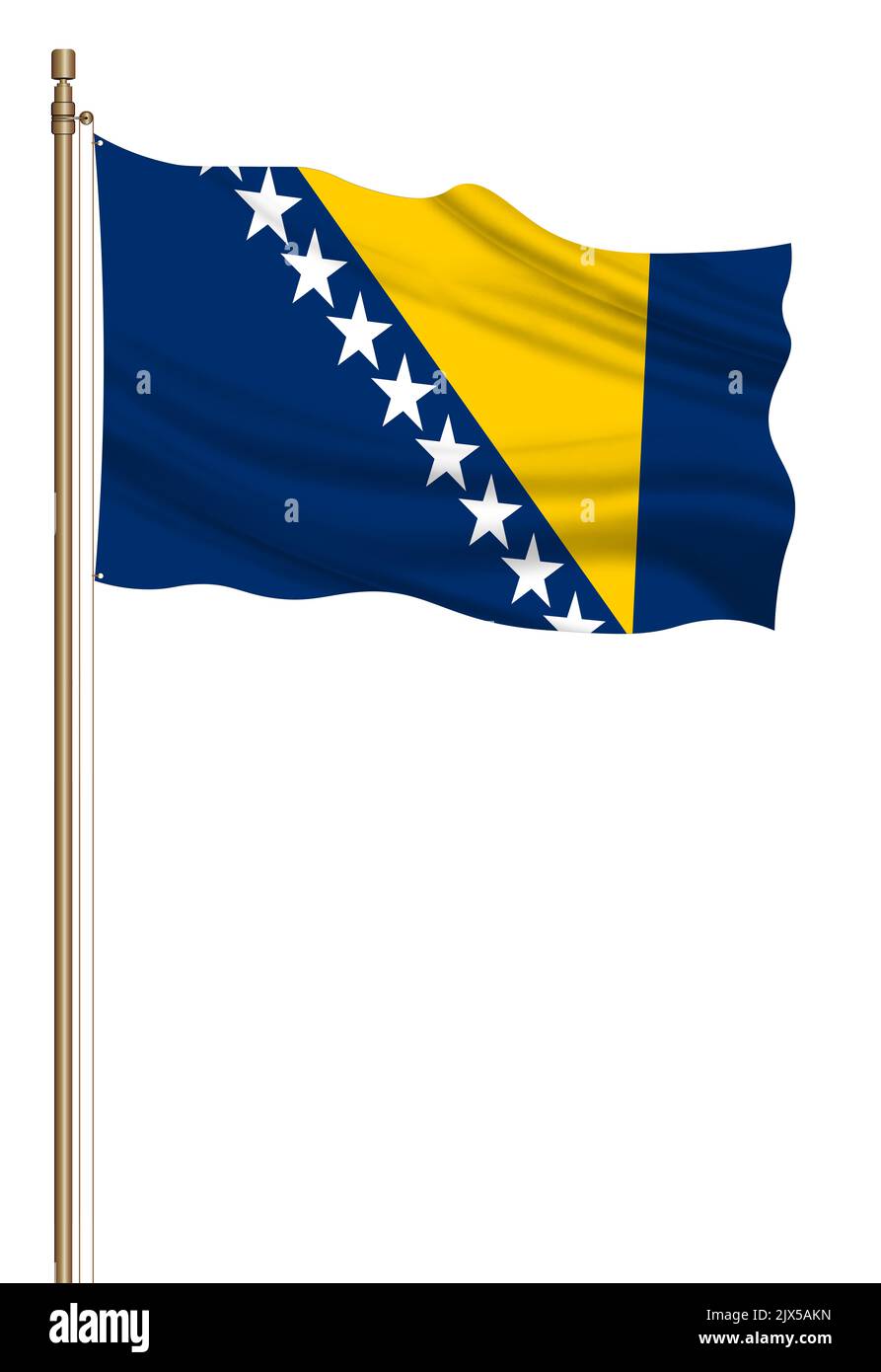 3D Flag of Bosnia and Herzegovina on a pillar blown away isolated on a ...