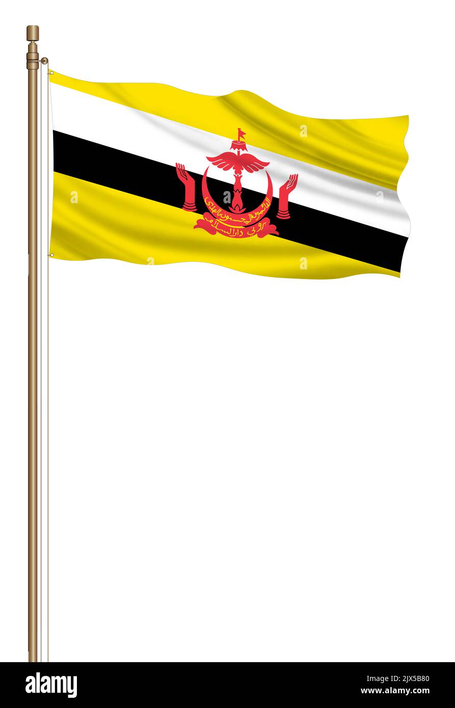 3D Flag of Brunei on a pillar blown away isolated on a white background ...