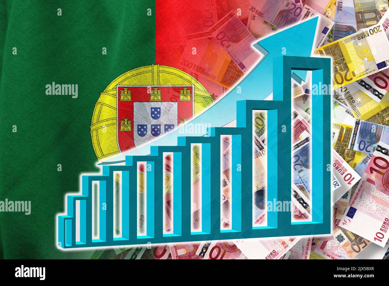 Economy graph: rising arrow, cash euro banknotes and flag of Portugal ...