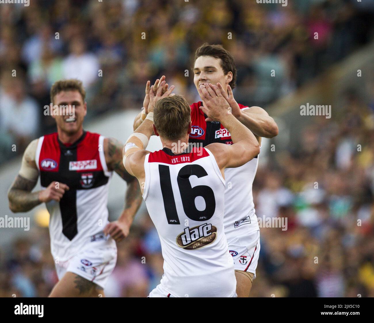 Jack Newnes of St Kilda celebrates a goal with Blake Acres of St Kilda ...