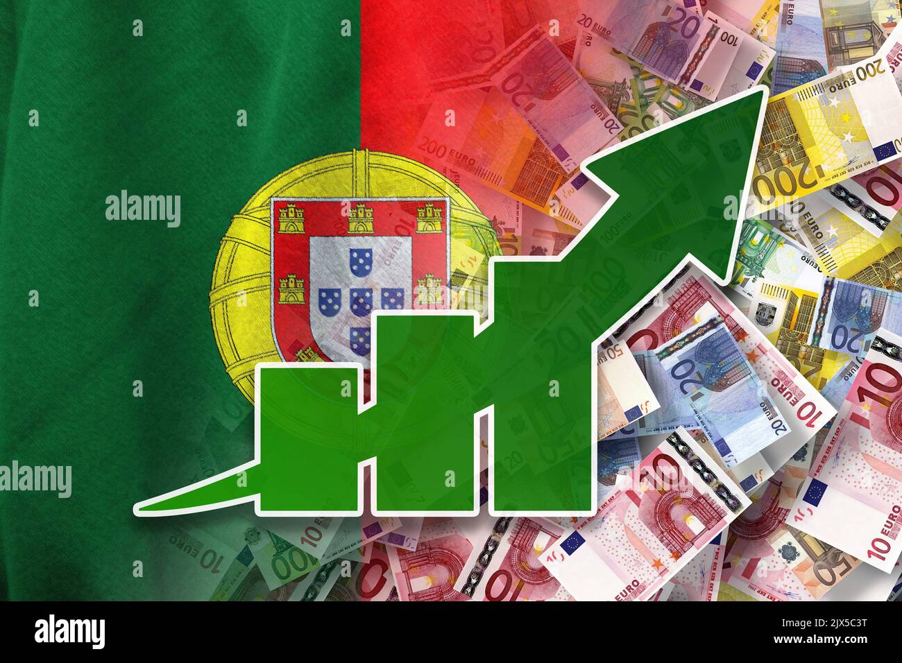 Economy graph: rising arrow, cash euro banknotes and flag of Portugal ...