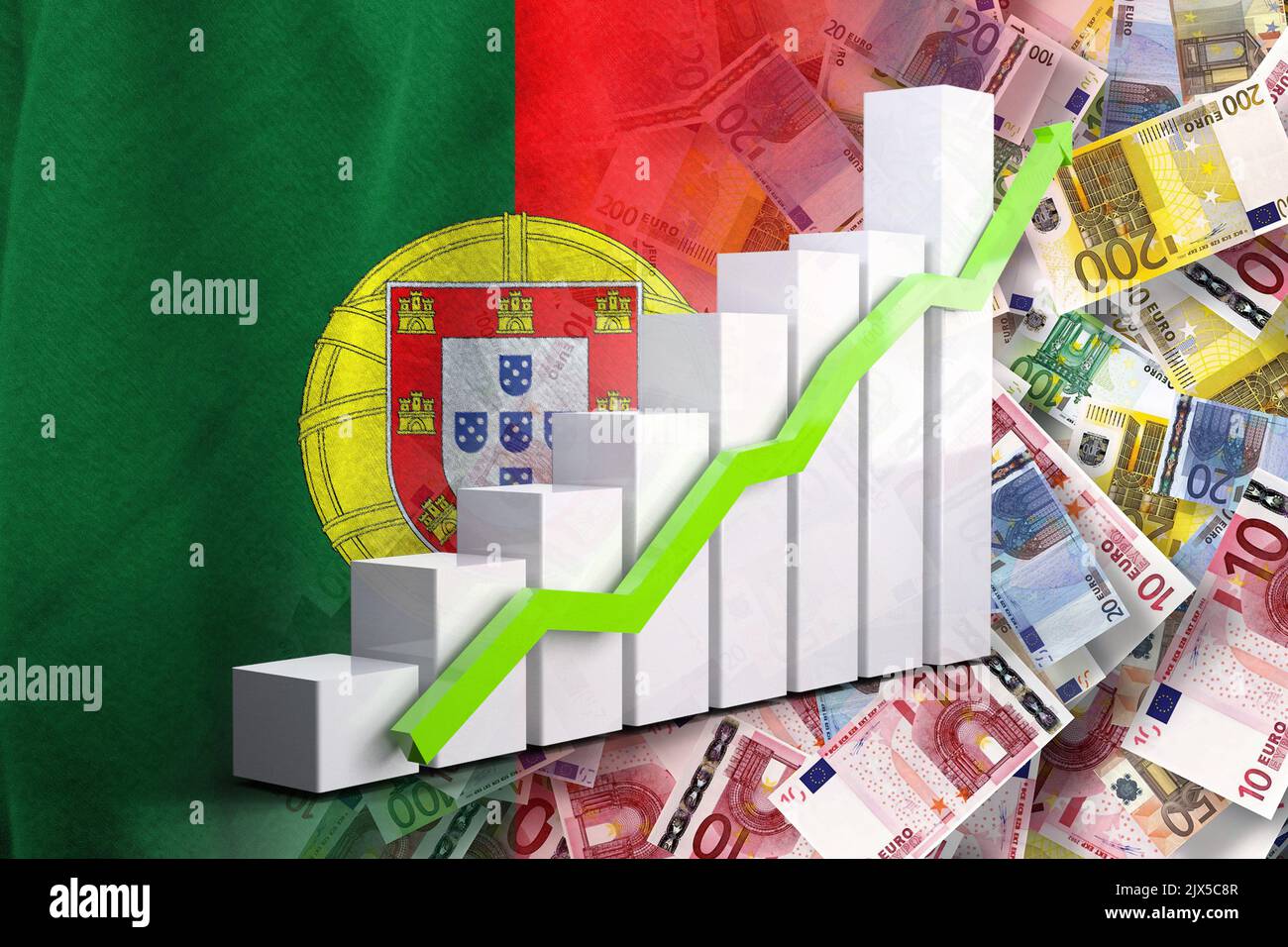 Economy graph: rising arrow, cash euro banknotes and flag of Portugal ...