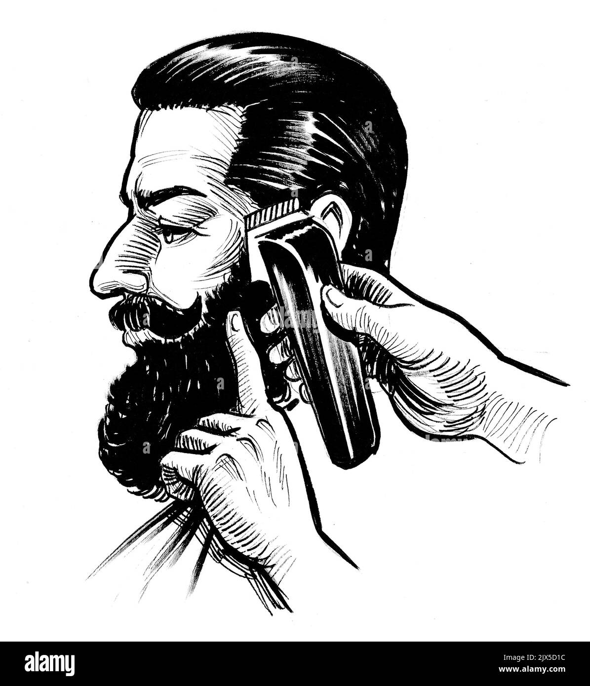 Barber shaving client. Ink black and white drawing Stock Photo - Alamy