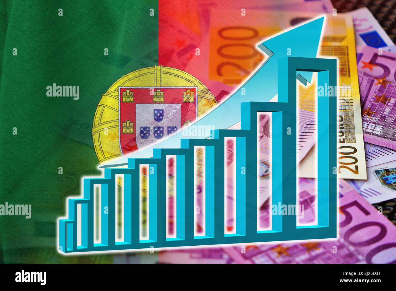 Economy graph: rising arrow, cash euro banknotes and flag of Portugal ...
