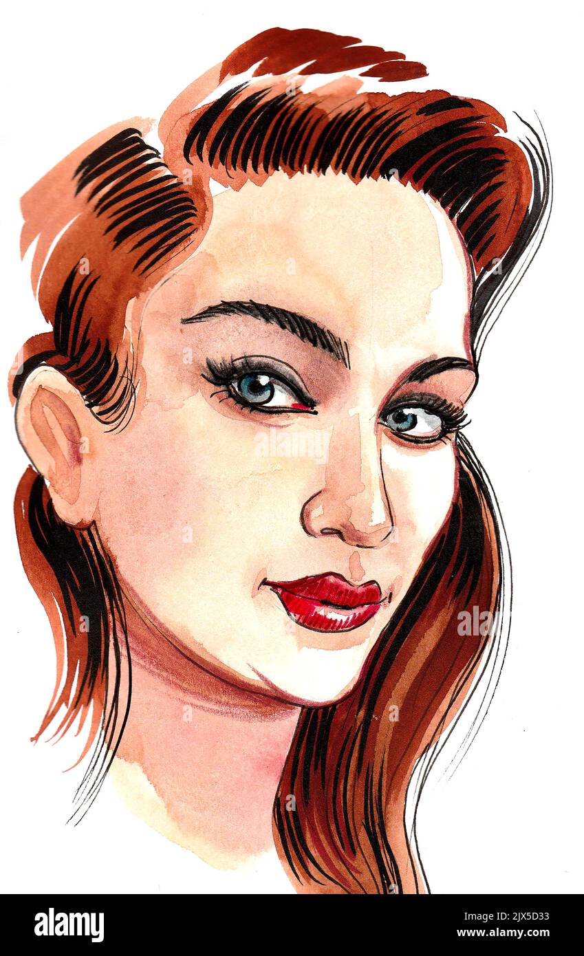 Beautiful woman face. Ink and watercolor drawing Stock Photo - Alamy