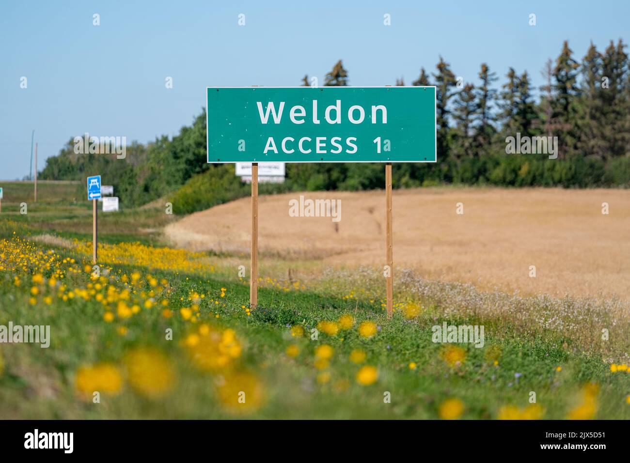 A sign in Weldon Sask. is photographed on Highway 3, on Tuesday ...