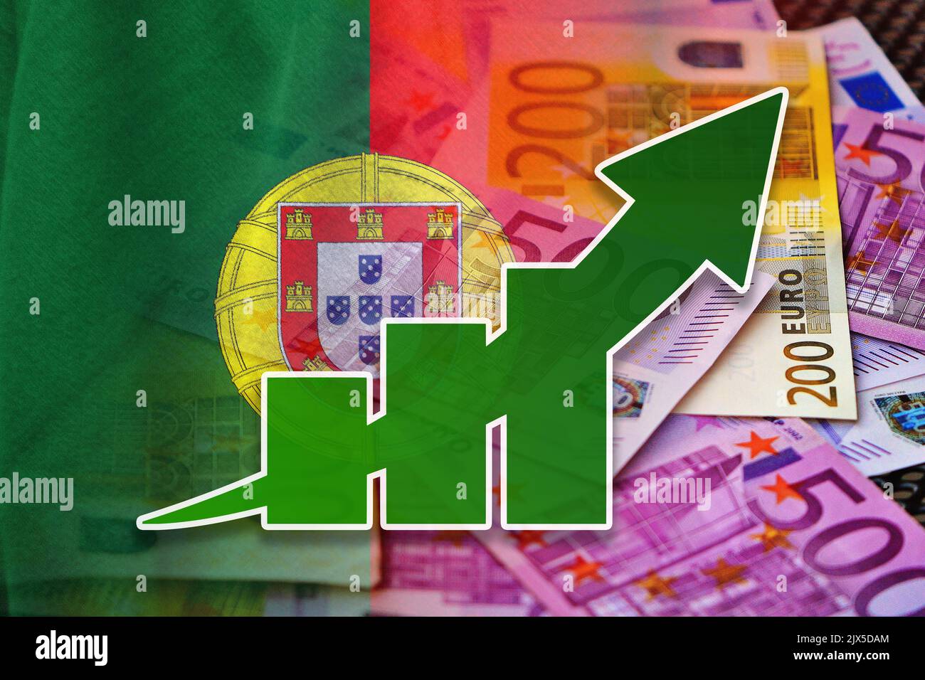 Economy graph: rising arrow, cash euro banknotes and flag of Portugal ...