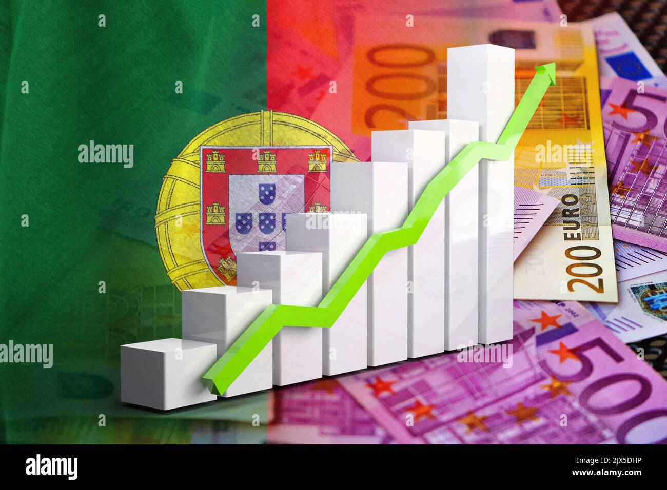 Economy graph: rising arrow, cash euro banknotes and flag of Portugal ...