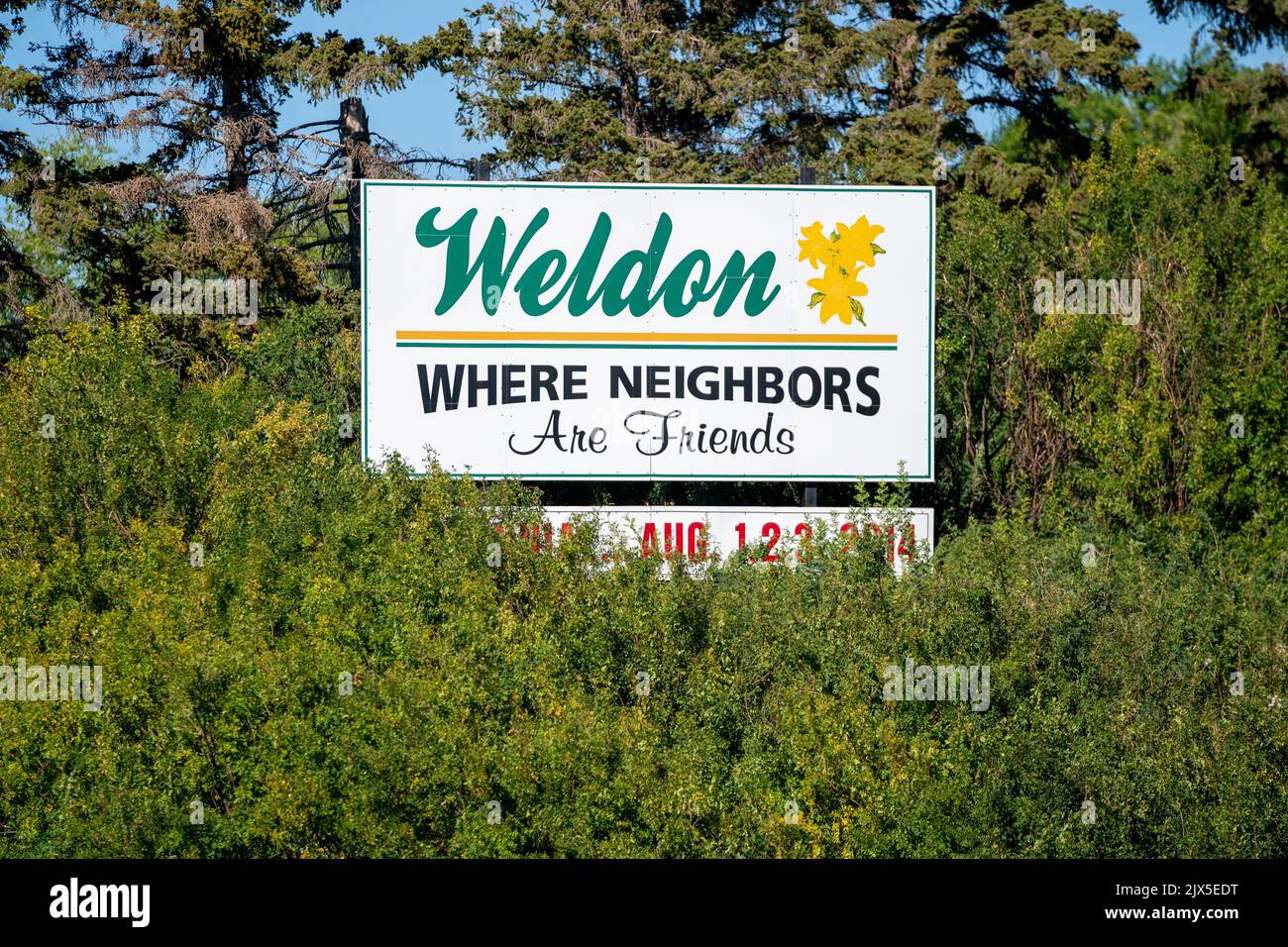 A sign in Weldon Sask. is photographed on Highway 3, on Tuesday ...