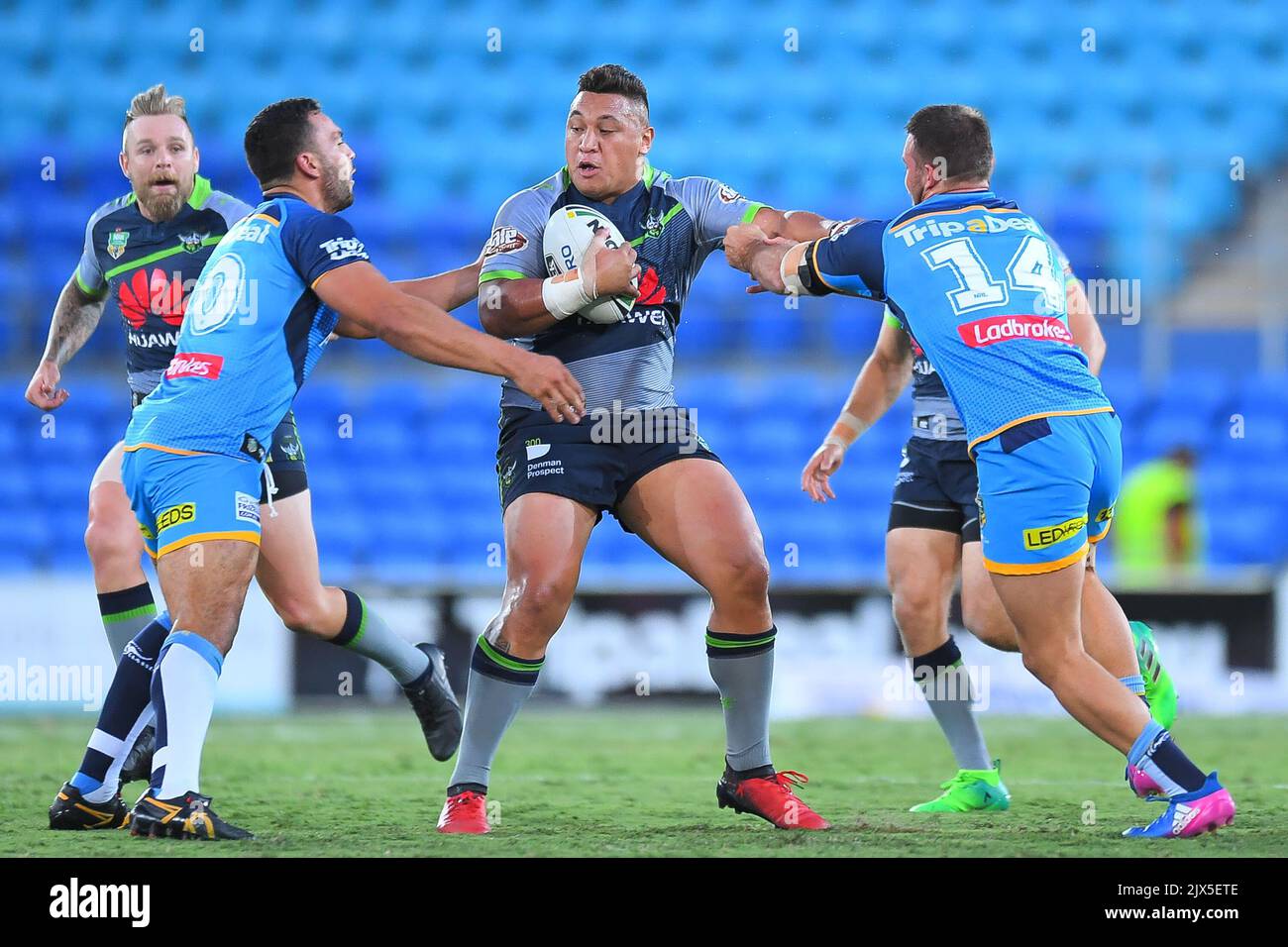 Josh Papalii of the Raiders takes on the defence during the Round 6 NRL ...